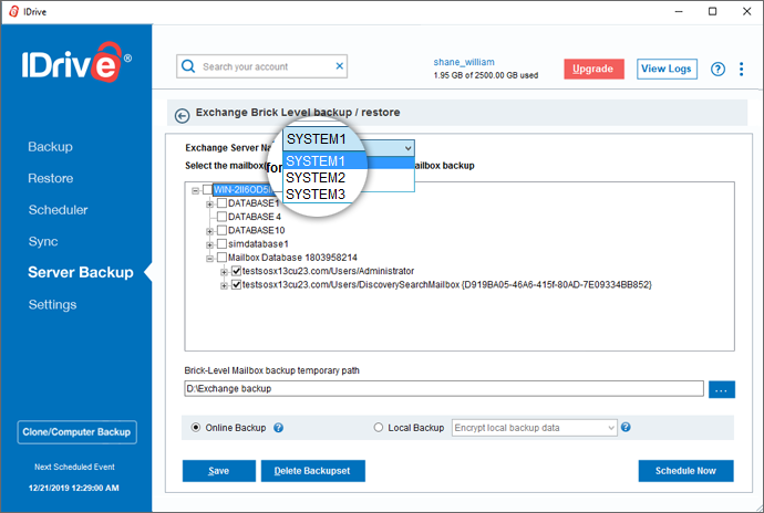 Questions on IDrive MS Exchange Server backup