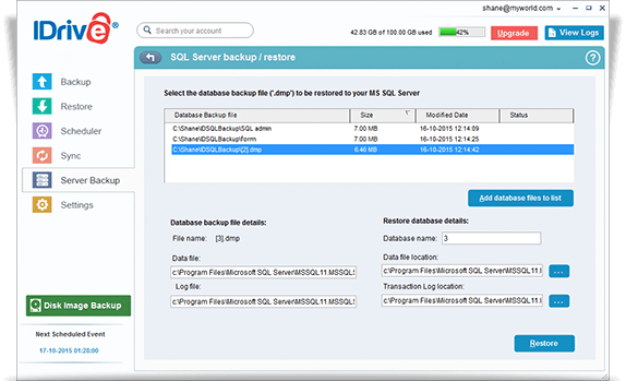Restore SQL Server data from IDrive® Cloud