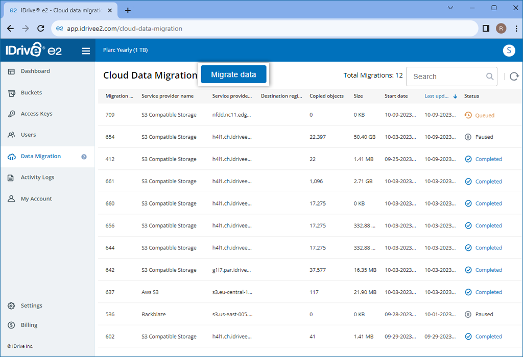 Cloud data migration to IDrive® e2 hot storage
